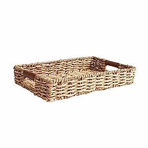 Large Decorative Rattan Woven Serving Tray + Leather Handles 20''x12’,Rectangle Wicker Centerpiece,Boho Kitchen + Home Decor Basket,Coffee Table Organizer,Summit Living,All Occasions Tan