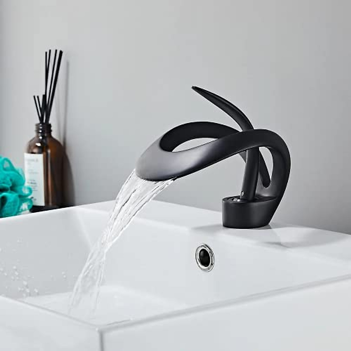Lovedima Elegant Waterfall Single Handle 1-Hole Bathroom Vessel Sink Faucet Solid Brass Lavatory Vanity Sink Faucet,Black