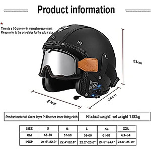 3/4 Leather Bluetooth Motorcycle Helmet, DOT/ECE Approved Vintage Retro Moped Half Helmet, Scooter Open Face Helmet with Goggles, Jet Street Bike Crash Four Seasons Helmet for Men Women -A-Large