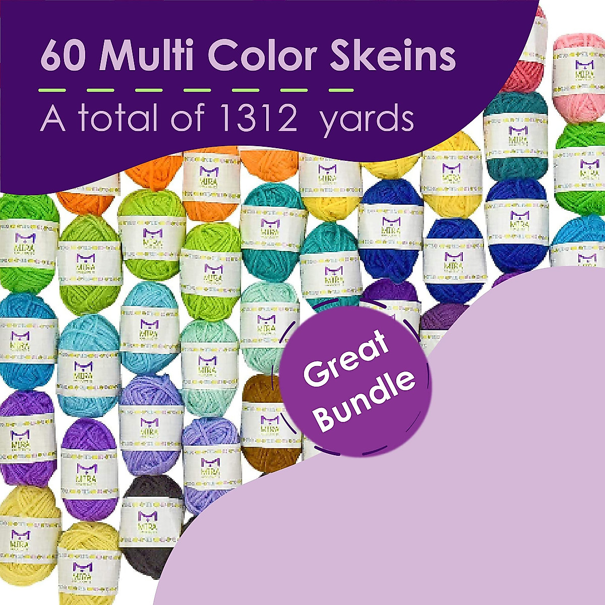 Mira Handcrafts 60 Yarn Skeins - Total of 1312 Yard Acrylic Yarn for Knitting and Crochet - Yarn Bag for Storage and 7 Ebooks Included with Each Pack | (Lilac)