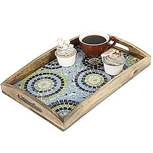 MyGift Mango Wood Serving Tray with Intricate Glass Mosaic Design, Rectangular Decorative Tray with Cutout Handles - Handcrafted in India