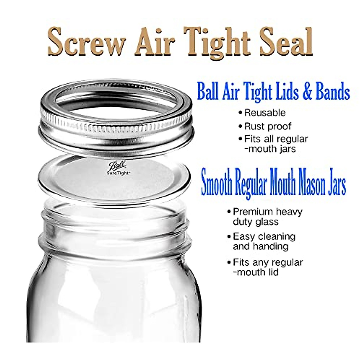 Regular Mouth Mason Jars 8 oz - (4 Pack) - Regular Mouth 8-Ounces Mason Jars With Ball Airtight lids and Bands - For Canning, Fermenting, Pickling, Freezing - Glass jar, Microwave & Dishwasher Safe