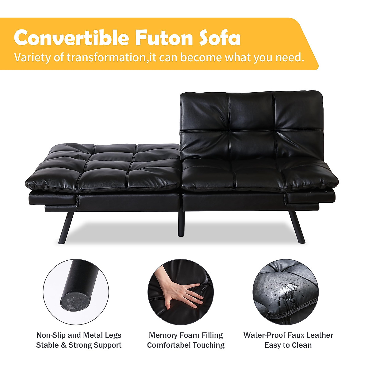 Hcore Bed, Memory Foam Futon Sofas, Classic Black