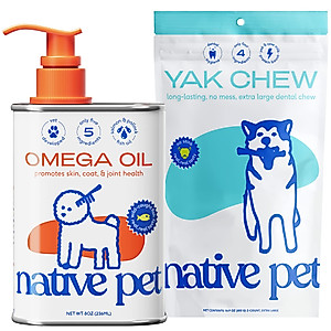 Native Pet Omega Oil for Dogs - Dog Fish Oil Supplements & Yak Chews for Dogs | Pasture-Raised and Organic Yak Cheese Himalayan Churpi Chews | 8 Oz. & 3 XL Yak Chews