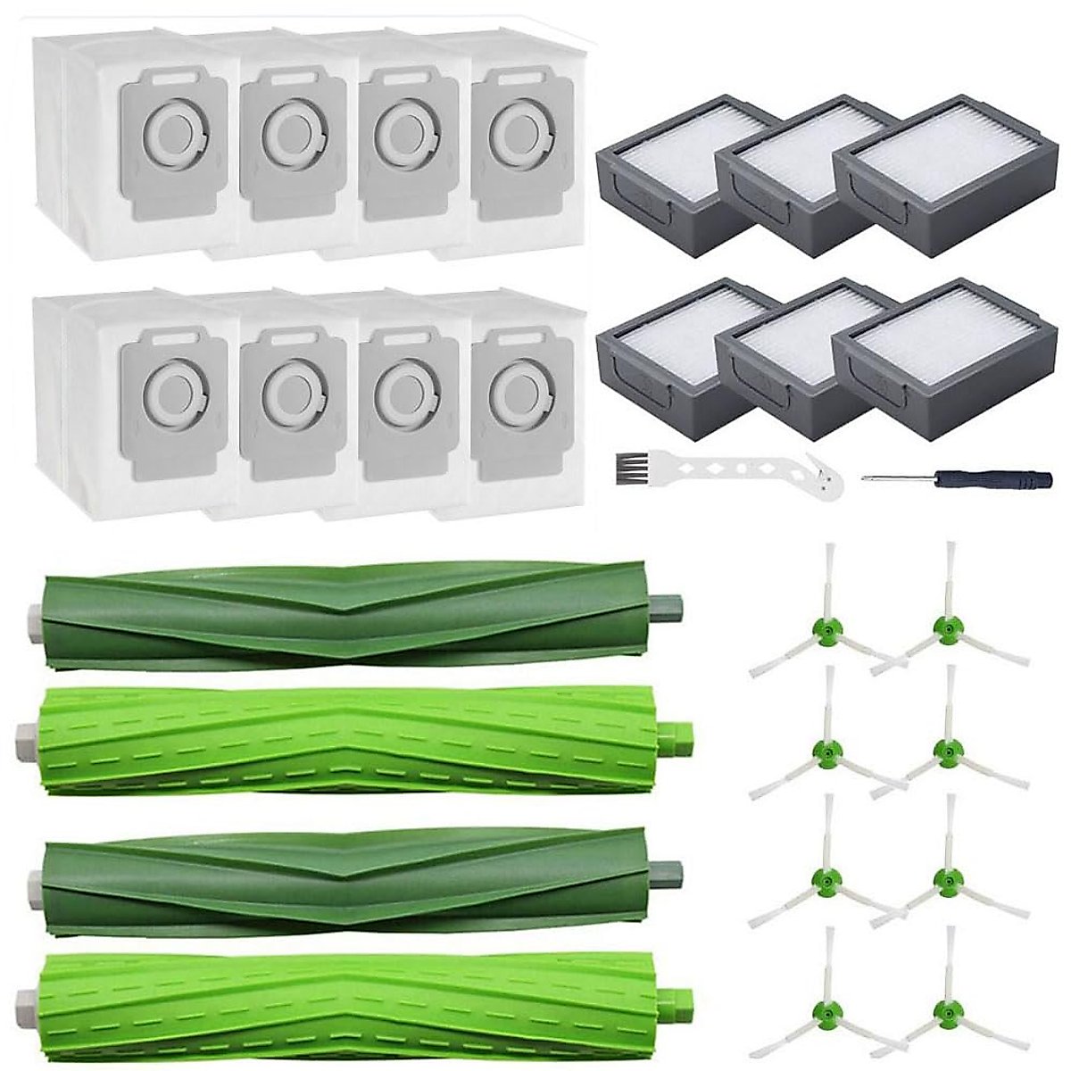 Chrostion Replacement Parts Fit for iRobot Roomba i7 i7+ i3 i3+ i4 i4+ i5 i5+ i6 i6+ i8 i8+ j7 j7+/Plus j8 j8+ E5 E6 E7 Robot Vacuum,2 Set Brushes,6 Filters,8 Side Brushes,8 Pack Bags