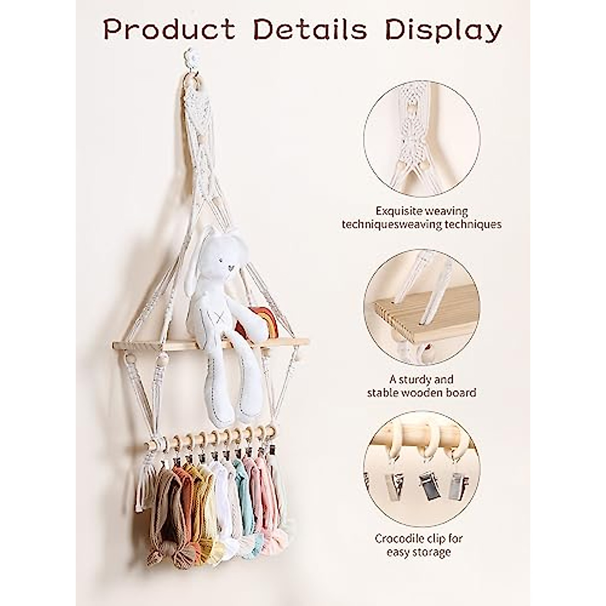 POVETIRE Macrame Hanging Shelves for Nursery for Nursery,Boho Baby Headband Holder Organizer Rope Decor Wall Hanging Decor for Toddler Girls Room