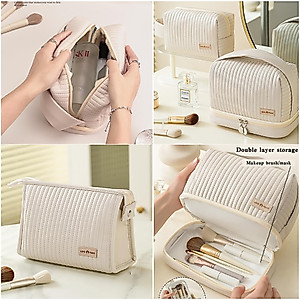 Cute Cosmetic Bag Makeup Bag Set of 3 Travel Toiletry Bag Women Cosmetic Bag Organizer Waterproof Leather Cosmetic Bag Set With Handle Zipper Cosmetic Bag On-the-Go Cosmetic Bag(Off-white color)