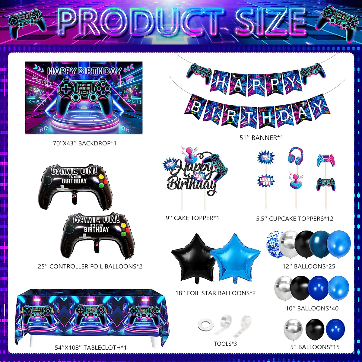 JOPHMO Video Game Birthday Party Decorations for Boy Game Happy Birthday Party Supplies with Happy Birthday Backdrop Banner Gaming Tablecloth Blue Balloon Arch Kit Cake Toppers for Boy Birthday Party