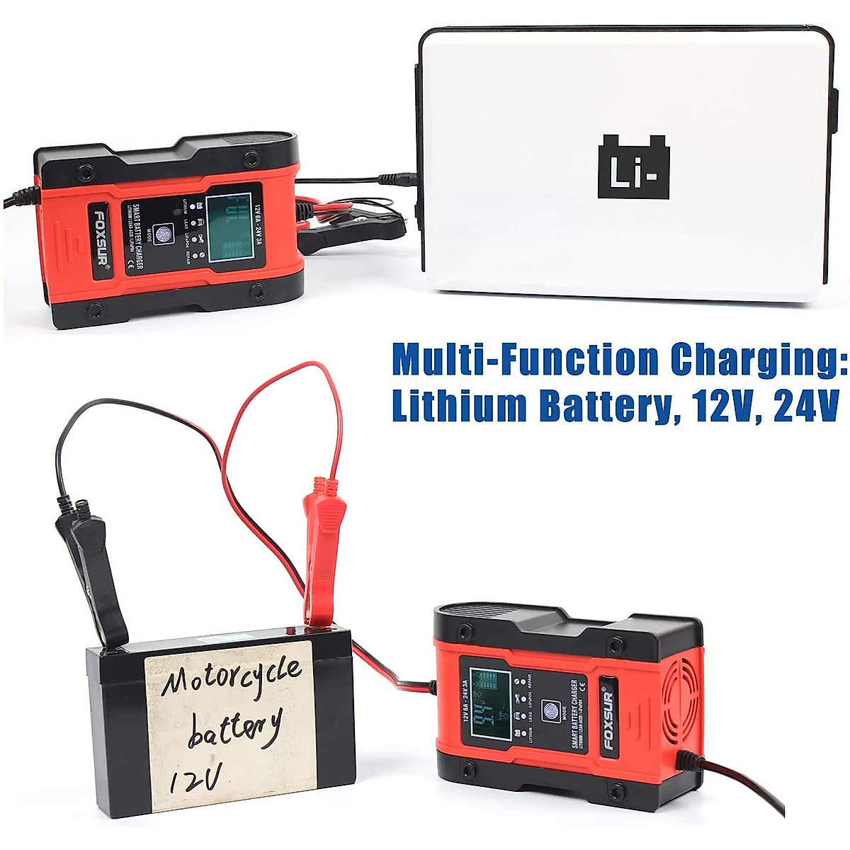 FOXSUR [New Upgrade] Lithium Battery Charger, 12V/24V 6Amp Full Automatic Intelligent Car Battery Charger(lithium batteries, lead-acid batteries, Calcium, etc)/Maintainer Delivers 7 Stage Charging-Red