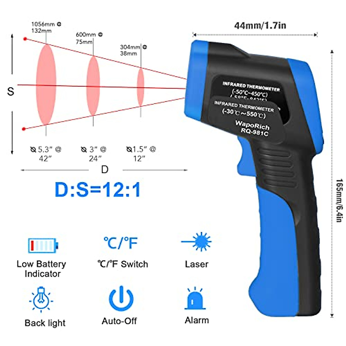 Infrared Thermometer Digital Laser Thermometer RQ-981C, Non-Contact Digital Infrared Thermometer from -50℃ to 550℃(-58 to1022℉) Come with LCD Back-Light, Data Hold for Industrial (Not for Human)
