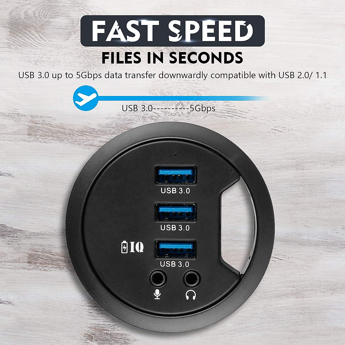 WDX Grommet Hole in Desk USB 3.0 3 Port Hub BC 1.2 USB Charger with 3.5mm Sound Card Mic Phone Jack, 5V/2A Power Adapter for iPhone/Smart Phones(AC Power Supply Included)