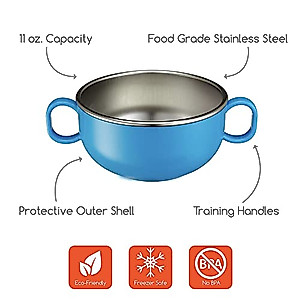 Innobaby Din Din Smart Stainless Steel 11 oz Feeding Bowl with Handles for Babies, Toddlers and Kids. BPA Free, Blue