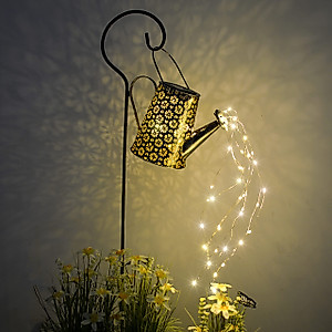Cubular Solar Watering Can with Lights Outdoor - Metal Waterproof Garden Flower Decor Stake Light Art Decor Gift for Table Patio Yards Pathway Party - Hanging Solar Lantern with Fairy Waterfall Light