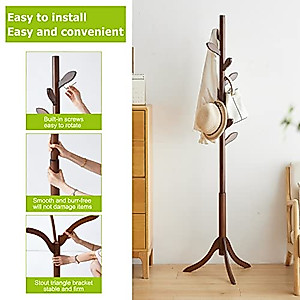 Coat Rack Freestanding Bamboo Coat TreeCoat Rack Standing Adjustable Coat With 3 Sections 8 Coat Hooks Easy Assemble Coat Hanger For Closet Hats Bedroom Office Entryway Leaf Hook(Brown)
