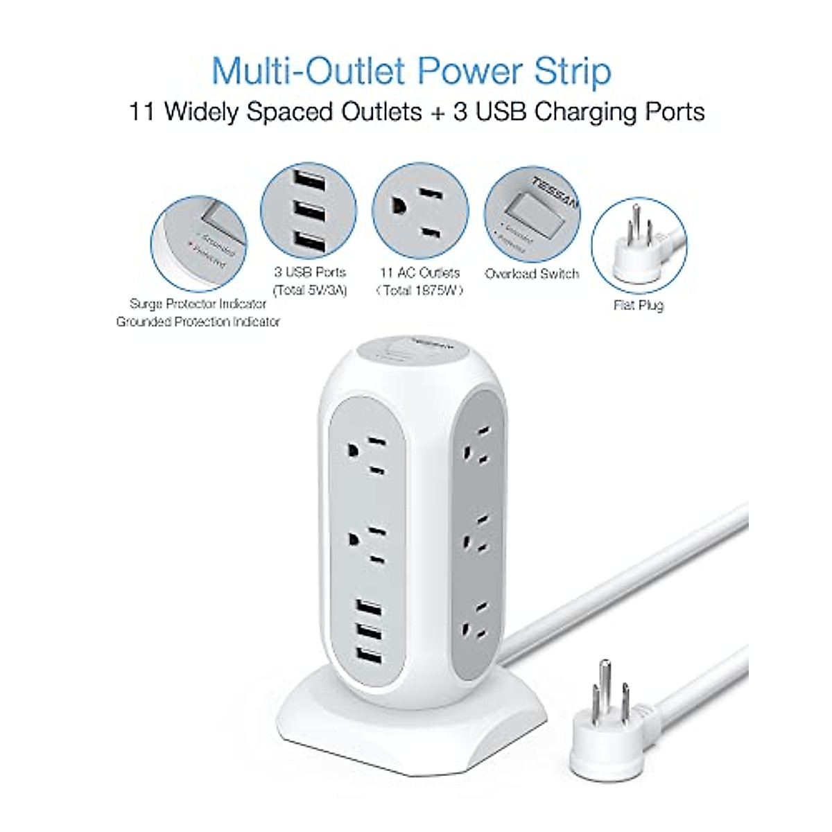 Tower Power Strip with 11 Outlets 3 USB Chargers, TESSAN Surge Protector Tower 1875W/15A, 6 Feet Extension Cord with Multiple Outlets, Flat Plug, Office Supplies, Desk Accessories, Dorm Essentials