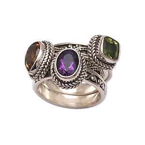 NOVICA Artisan Handmade .925 Sterling Silver Multigemstone Stacking Rings Amethyst Citrine Peridot Cocktail Indonesia Birthstone 'Perfect Prism' (set of 3)