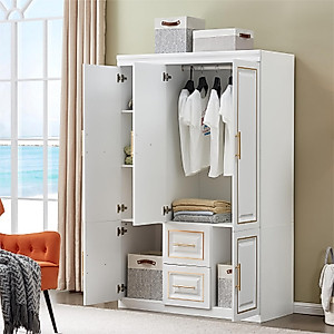 VivaVista White Armoire Wardrobe Closet with 3 Doors Wooden Bedroom Armoires Clothes, Wood Wardrobe Closets Storage Cabinet with Hanging Rod Shelves Drawers Closets