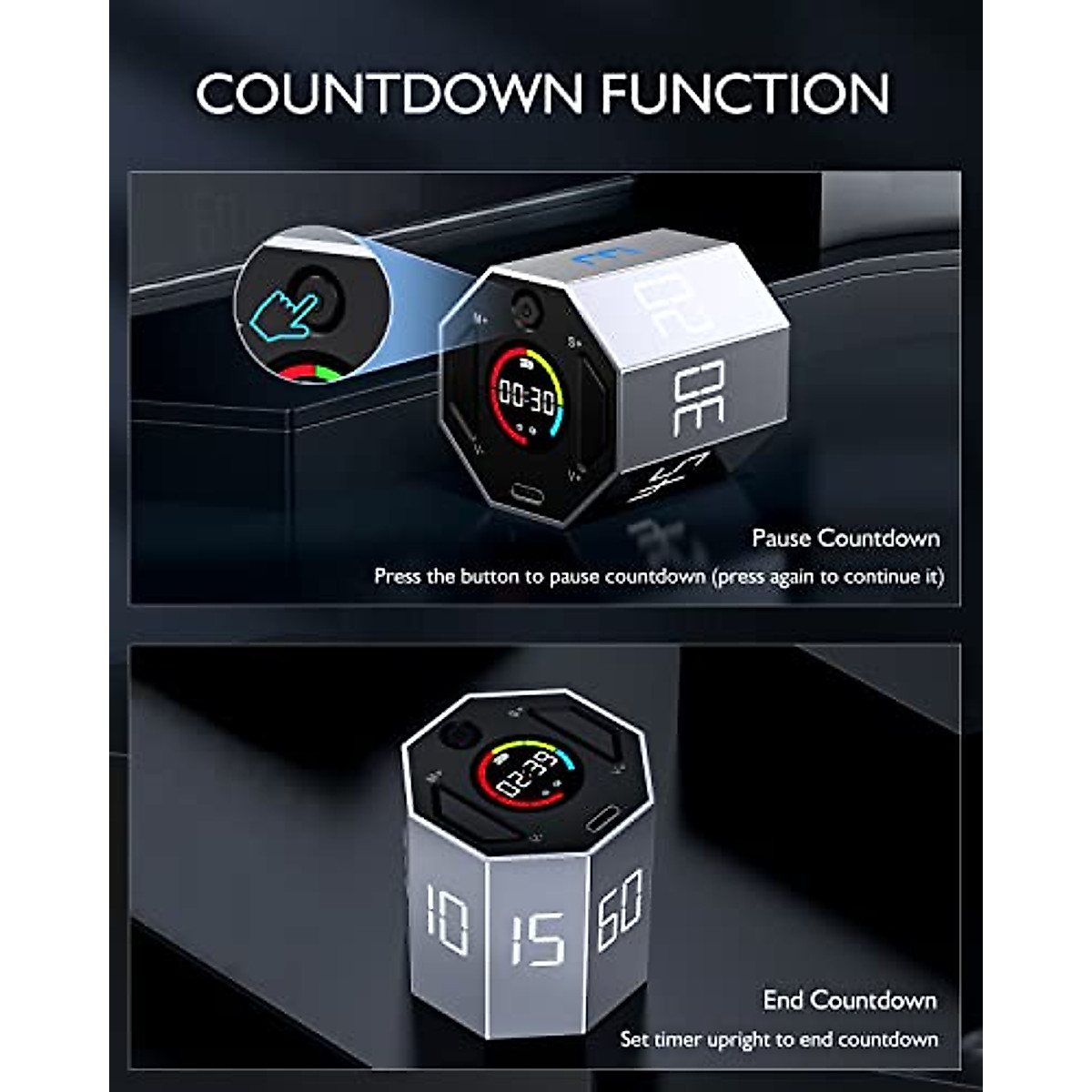 MELOHO Pomodoro Timer for Office Productivity, Magnetic Visual Timer with Flip Countdown, Silent & Alarm, Ideal ADHD Tools for Adults/Kids, Small Cube Digital Timer for Kitchen Cooking (Light Grey)