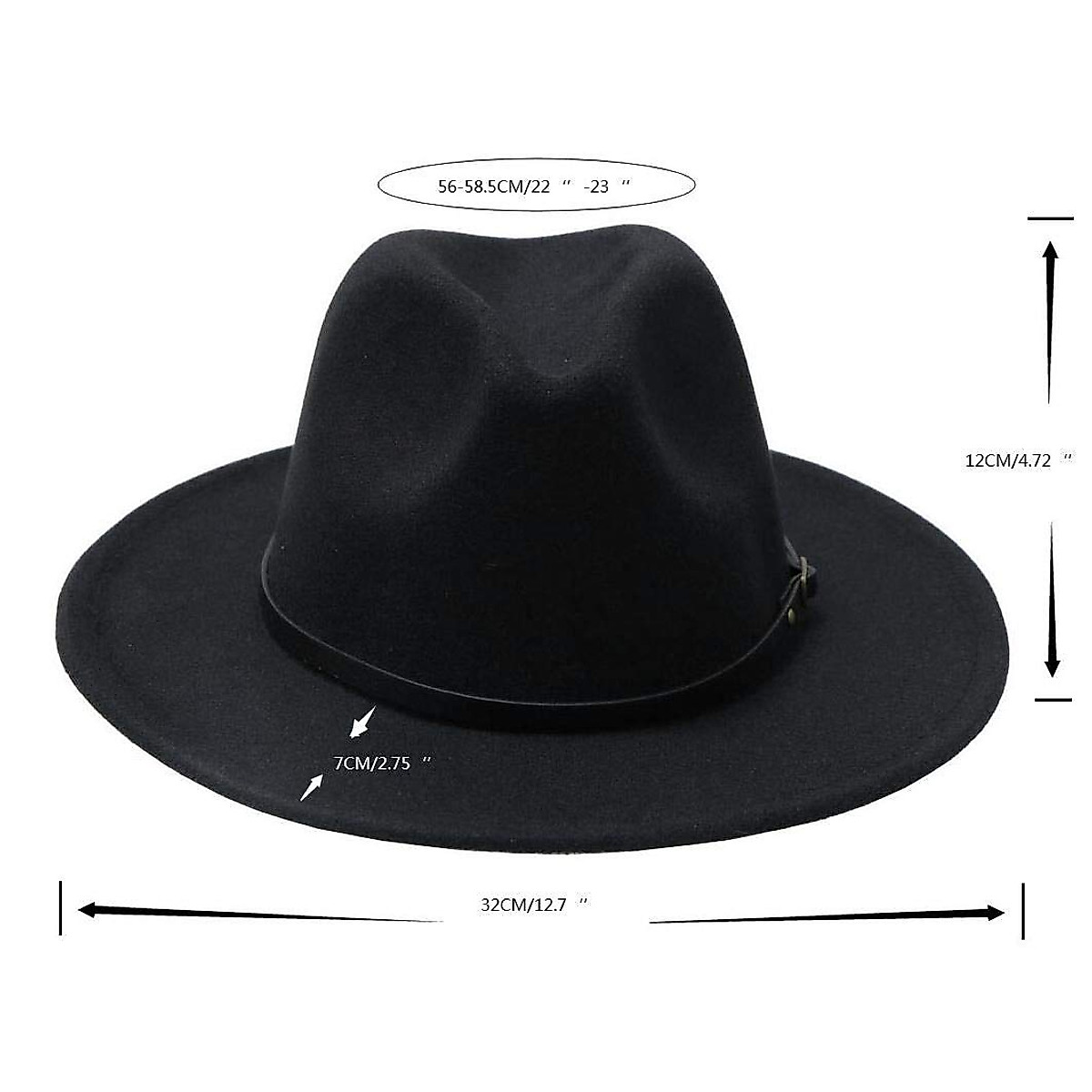 Women's Felt Panama Hats Classic Wide Brim Rancher Fedora with Belt Buckle (Black, 56-58cm/22-22.8in)
