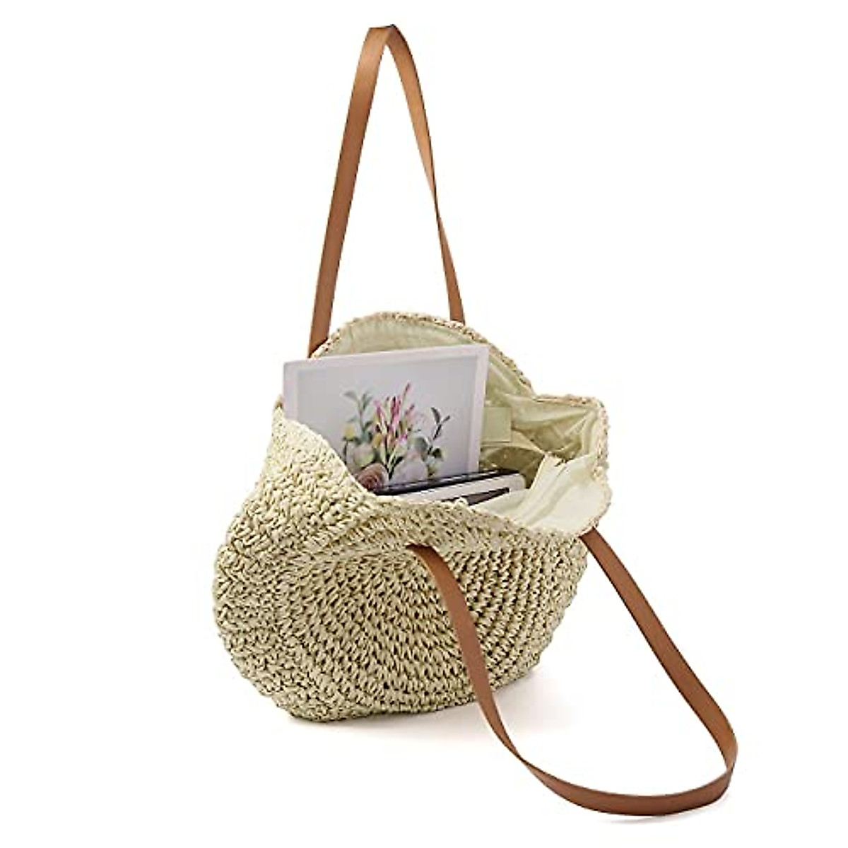 CHIC DIARY Womens Hand-woven Straw Shoulder Bag Large Summer Beach Leather Handles Handbag Tote with Zipper (#02-Beige)