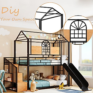 Twin Over Twin Bunk Bed with Slide, House Floor Bunk Bed with Storage Stairs and Shelves, Twin Bunk Beds for Kids, Girls, Boys, Black Bunk Bed Twin Size