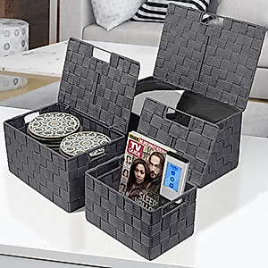 Sorbus Storage Box Woven Basket Bin Container Tote Cube Organizer Set Stackable Storage Basket Woven Strap Shelf Organizer Built-In Carry Handles (Lid Bins - 3 Pack, Gray)