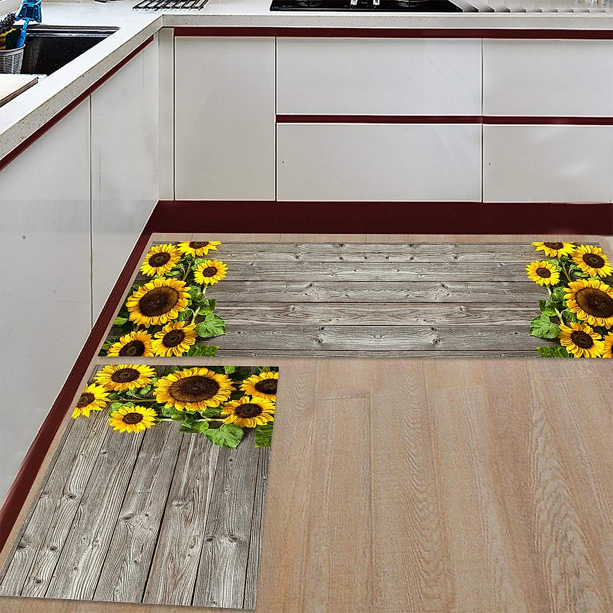 2 Piece Non-Slip Kitchen Mat Rubber Backing Doormat Sunflower on The Wooden Floor Runner Rug Set, Hallway Living Room Balcony Bathroom Carpet Sets (19.7" x 31.5"+19.7" x 47.2")