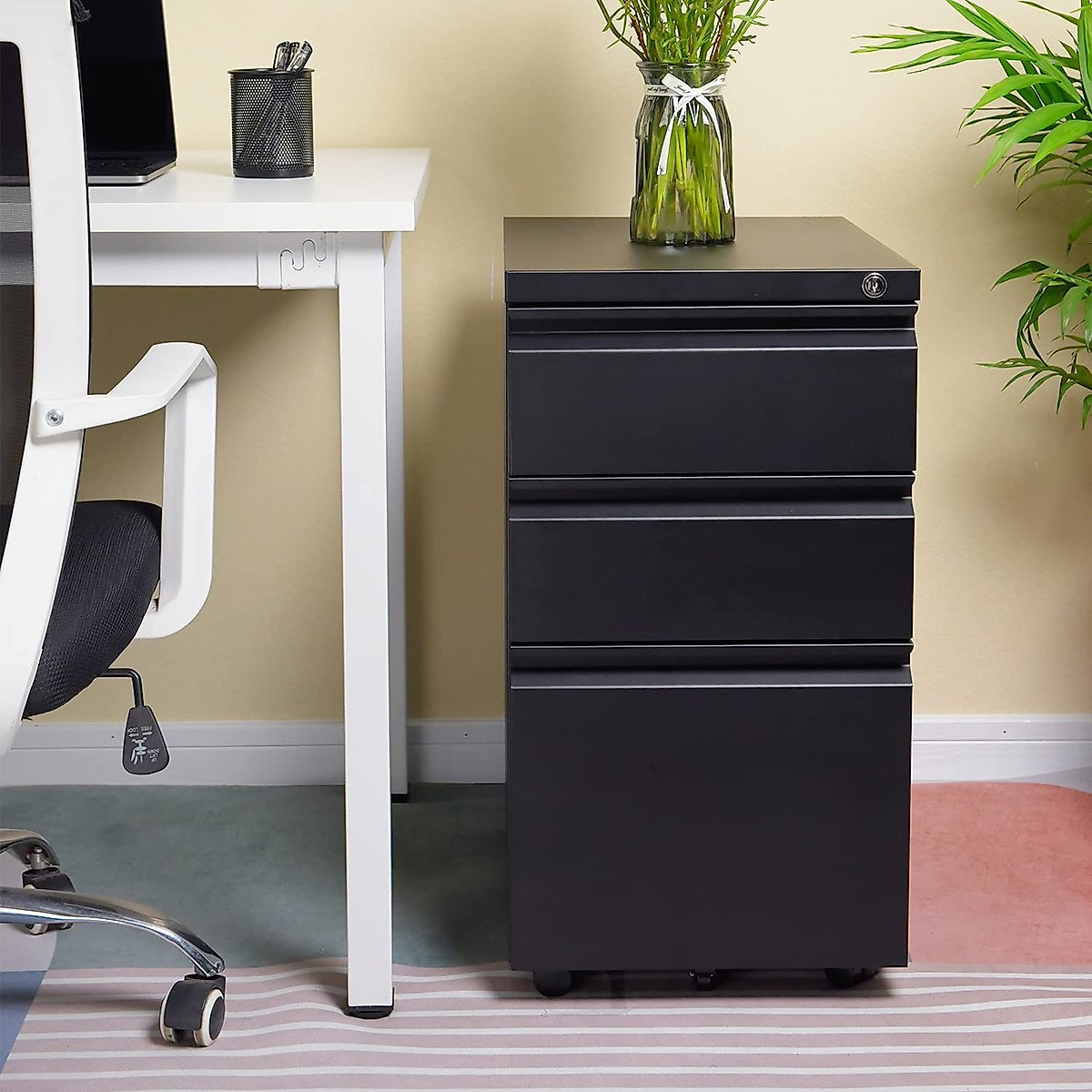 PALFISH 2-Drawer File Cabinet with Lock, Metal Filling Cabinets Suits Legal/Letter Size for Home Office, Fully Assembled Except Wheels, Grey (2-Drawer Widen, Black)