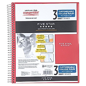 Five Star Spiral Notebook, 3 Subject, College Ruled Paper, 150 Sheets, 11" x 8-1/2, Customizable Cover, Color Selected For You, 1 Count (08232)