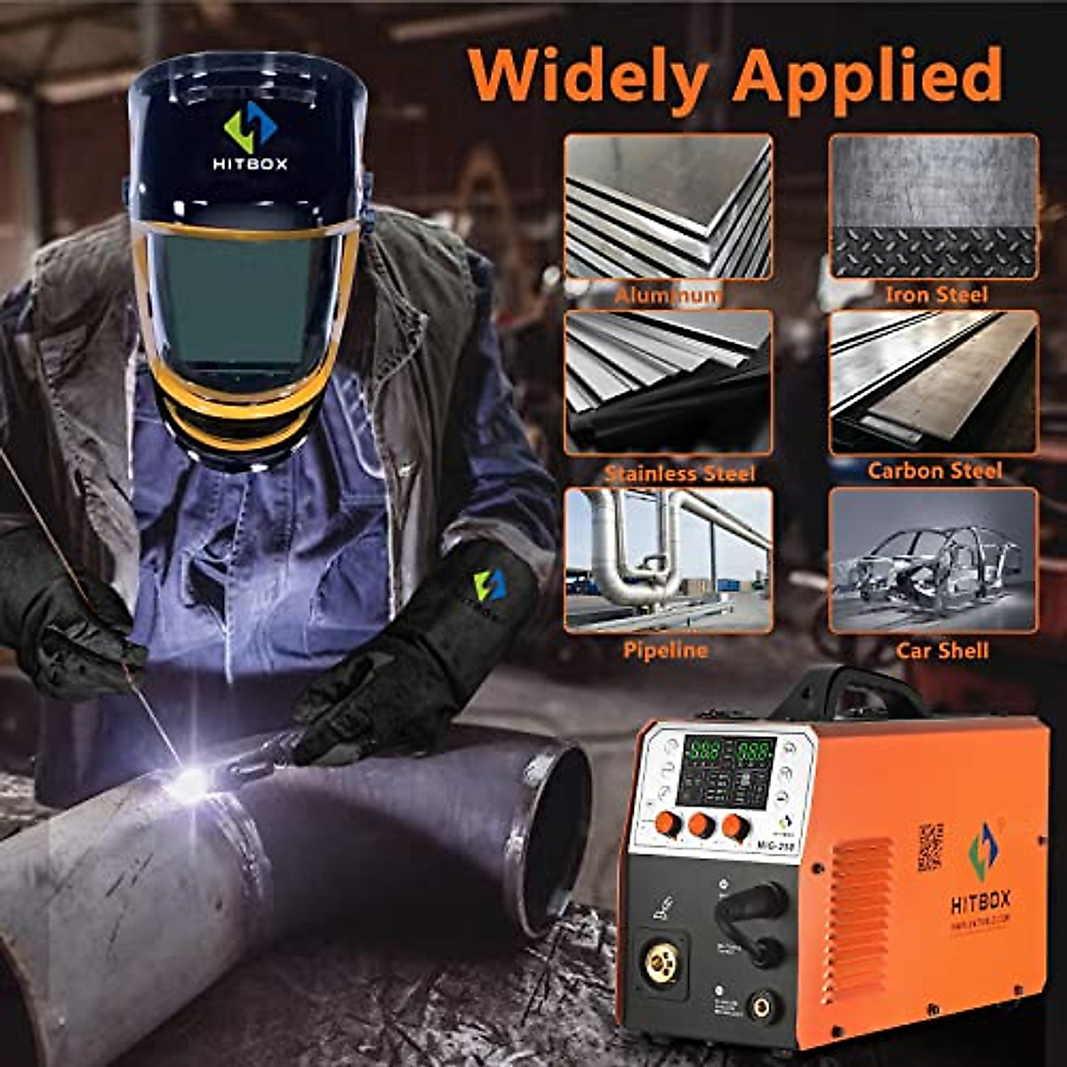 HITBOX MIG Welder Machine,200Amp 5 in 1 Gas MIG/Gasless Flux Core MIG/Stick/Lift TIG/Spot welding/Aluminum Multi Process Welding Machine with LED Digital Display