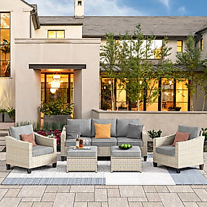 ovios 5-Piece Wicker Patio Furniture Set with Ottoman, Conversation Set with Water Resistant Thick Cushions, Outdoor Sectional Sofa for Outside Patio Balcony(Grey)