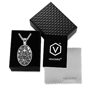 VENICEBEE® Cross Jesus Christ Sacred Heart Medal Divine Love Flame Devotional Christian Amulet Unique Solid 925 Sterling Silver Pendant Necklace + Velvet Pouch, Polishing Cloth, Fine Gift Box