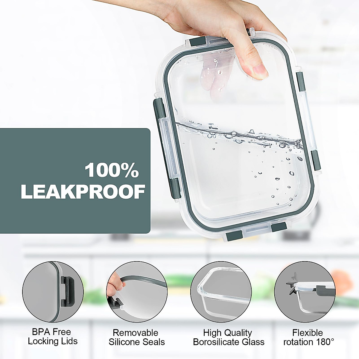 VERONES 10 Pack Glass Meal Prep Containers, Airtight Glass Lunch Containers, Stackable Glass Food Storage Containers Set with Lids,BPA-Free, for Microwave, Oven, Freezer & Dishwasher Friendly,Grey