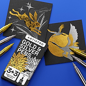 Metallic Acrylic Paint Pens for Rock Painting, Stone, Ceramic, Glass, Wood, Fabric, Canvas, Metal, Scrapbooking (6 Pack) Set of 3 Gold & 3 Silver Acrylic Paint Markers Water-Based Extra-Fine Tip 0.7mm