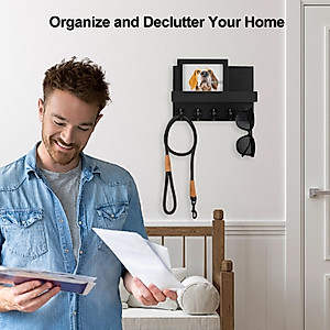 Lwenki Key Holder Wall Mount - 9.8" x 6.7" x 4.2" Entryway Organizer with 5 Metal Hooks Holds Wallet, Sunglasses, Bags, Dog Leash - Real Paulownia Wood Decorative Key Hanger with Shelf (Black)