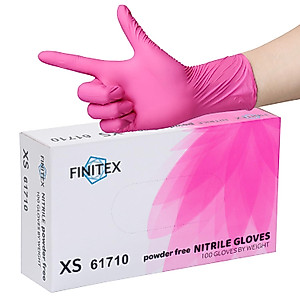 FINITEX Pink Nitrile Disposable Latex-Free Gloves - 3.5mil 100PCS/Box Powder-Free 9inch Gloves Guantes de Nitrilo Cleaning Medical Exam Food Cooking Gloves(100, X-Small)