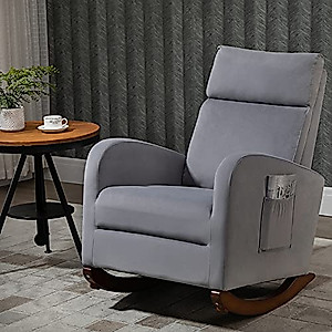 AVAWING Home Rocking Chair, Mid Century Glider Chair Upholstered Frosted Velvet High Back Arm Chair Nursery Rocking Chairs with Solid Legs and Side Pockets (Gray)