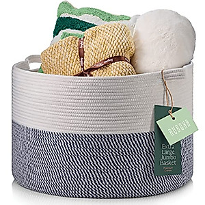 Decorative Jumbo Blanket Basket for Living Room - 100% Cotton Rope Woven Basket for Storage with 2 Easy Carry Handles, Holds up to 40Lb - Ideal for Pillows, Blankets, Laundry Hamper & Baby Toy Bin.