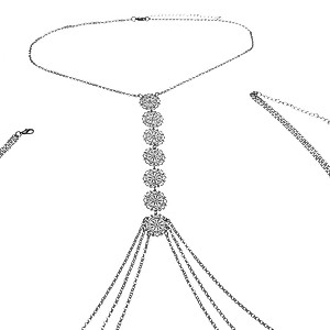 Vintage Fashion Simple Metal Chest Chain Carved Flower Plate Beach Bra Chain Back Chain Necklace Women's Party Holiday Jewelry (silvery)