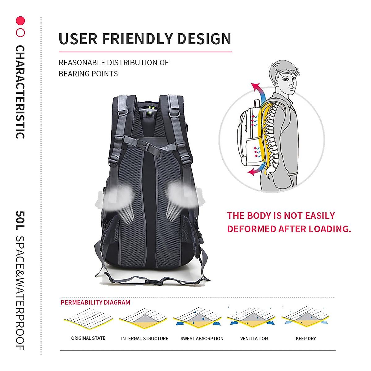 Bseash 50L Water Resistant Hiking Backpack, Lightweight Outdoor Sport Daypack Travel Bag for Camping Climbing Touring (Black - No Shoe Compartment)