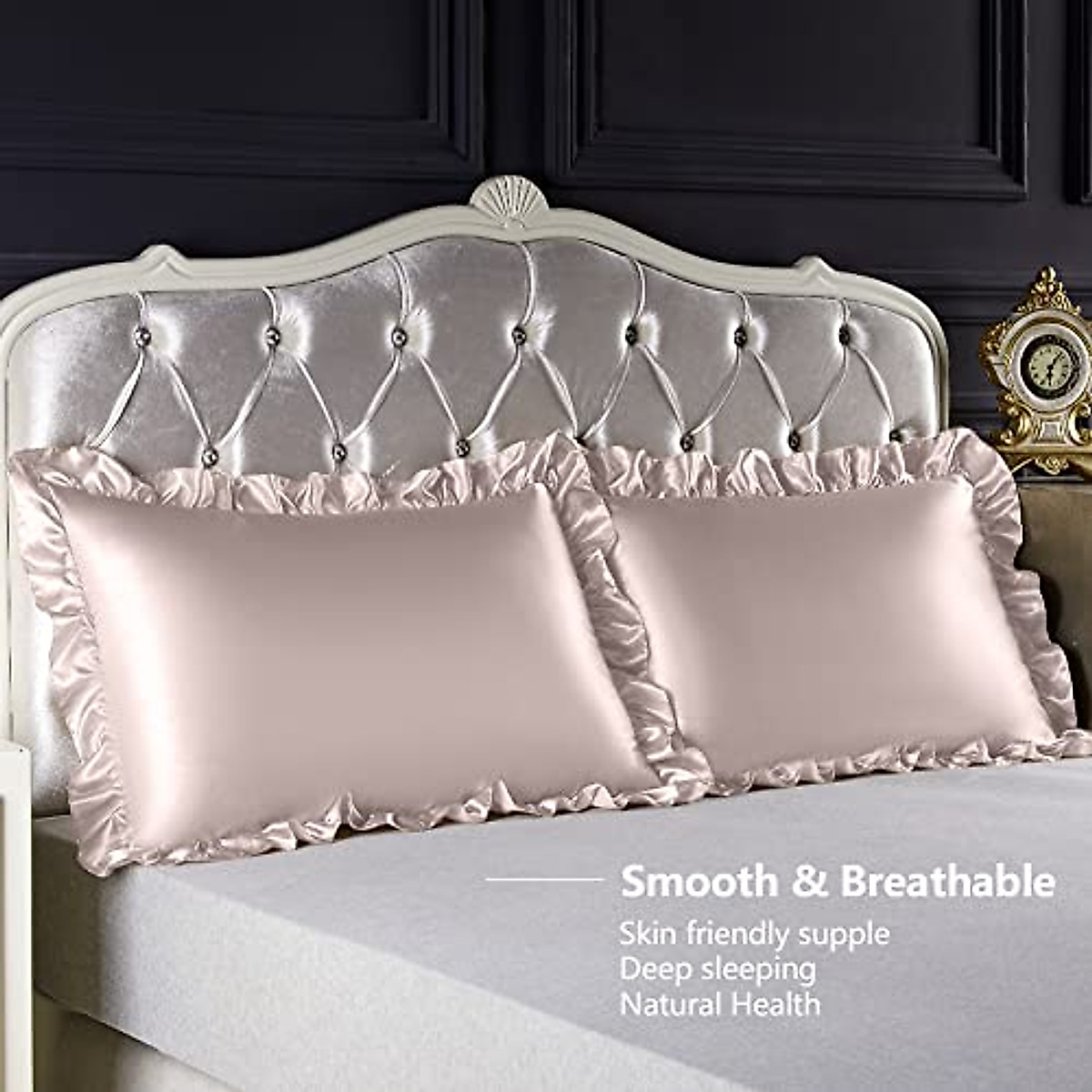 STONECREST Ruffle Satin Pillow Sham for Hair and Skin, Soft Silky Satin Pillow Cover with Envelop Closure Pillowcase Set of 2(20" x 30")(Petal Pink, Queen)