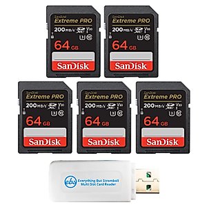 SanDisk 64GB (Five Pack) Extreme Pro Memory Card (SDSDXXY-064G-GN4IN) SDXC 4K V30 UHS-I with Everything But Stromboli (TM) Combo Reader