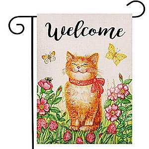 Welcome Cat Kitten Garden Flag Vertical Double Sided Spring Farmhouse Burlap Yard Outdoor Décor 12.5 x 18 Inch