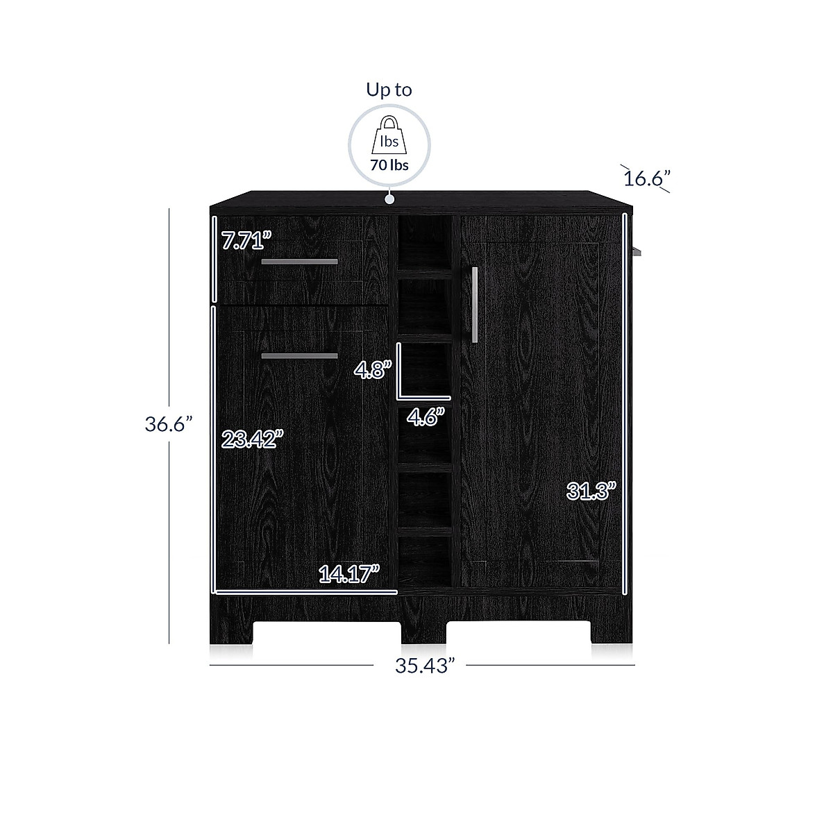 BELLEZE Wine Cabinet with Drawers, Storage Shelves and 6-Bottle Wine Rack, Sideboard Buffet, Coffee Bar, Cupboard for Dining Room, Kitchen, Living Room -Vietti (Light Black)