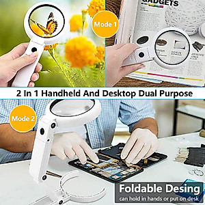 30X 10X Magnifying Glass with Light and Stand, Foldable Handheld Magnifying Glass & 2 level Dimmable for Close Work, Powered by Battery or USB