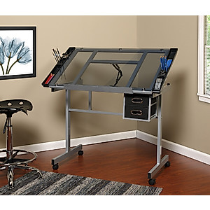 OneSpace Craft Station with Blue Glass Drafting, Silver