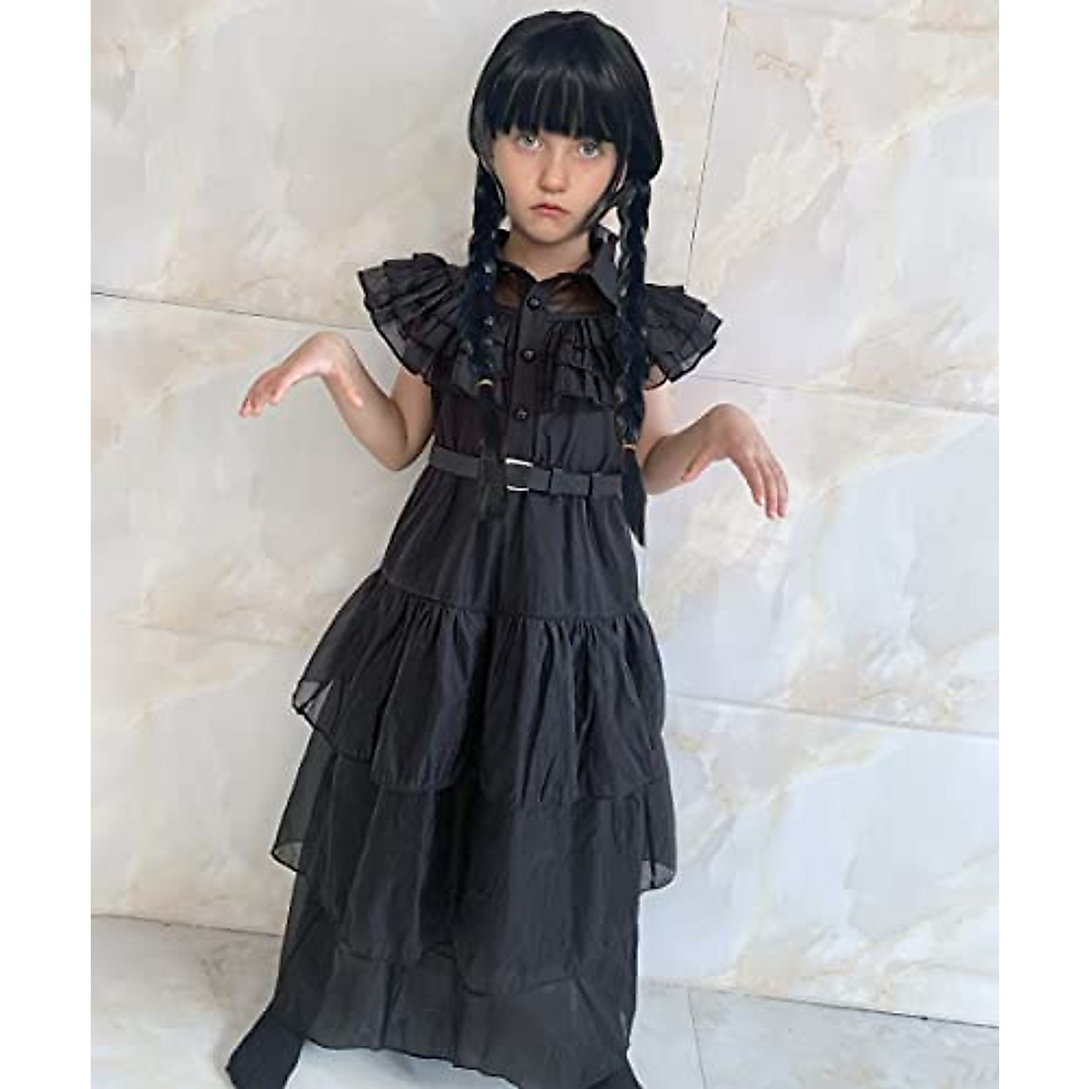 GRIVOS Black costume Girls dress for Kids Black Outfit Halloween Costumes Cosplay Party with belt wig socks 4-14Y