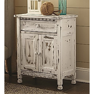 Rustic Cottage Accent Cabinet with 1 Drawer and 2 Doors, White Antique - Living Room Furniture, Functional Design with Dental Work and Turned Legs, Wipe Clean with a Dry Cloth