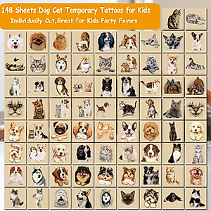 CHARLENT 148 PCS Dog Cat Temporary Tattoos for Kids - 3D Individual Puppy kitten Tattoos for Boys Girls Animals Birthday Party Favors Goodie Bag Fillers