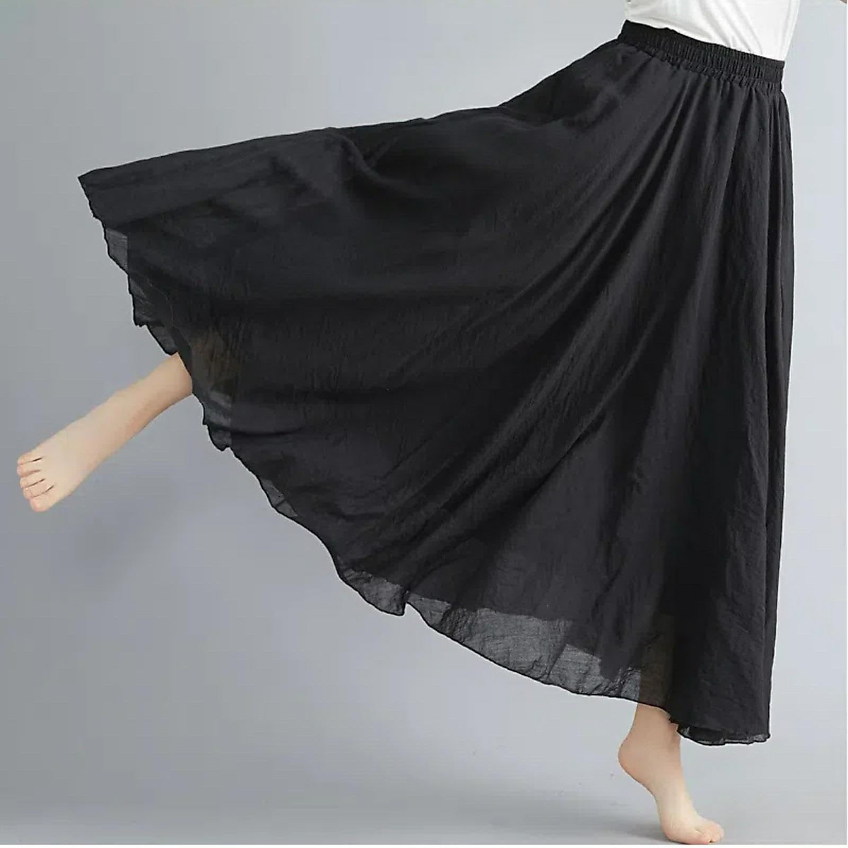 Phorecys Women's Casual Long Maxi Skirt Cotton Elastic Waist Boho Goth Fairy Renaissance Weekend Skirts Dress Black 105CM Length